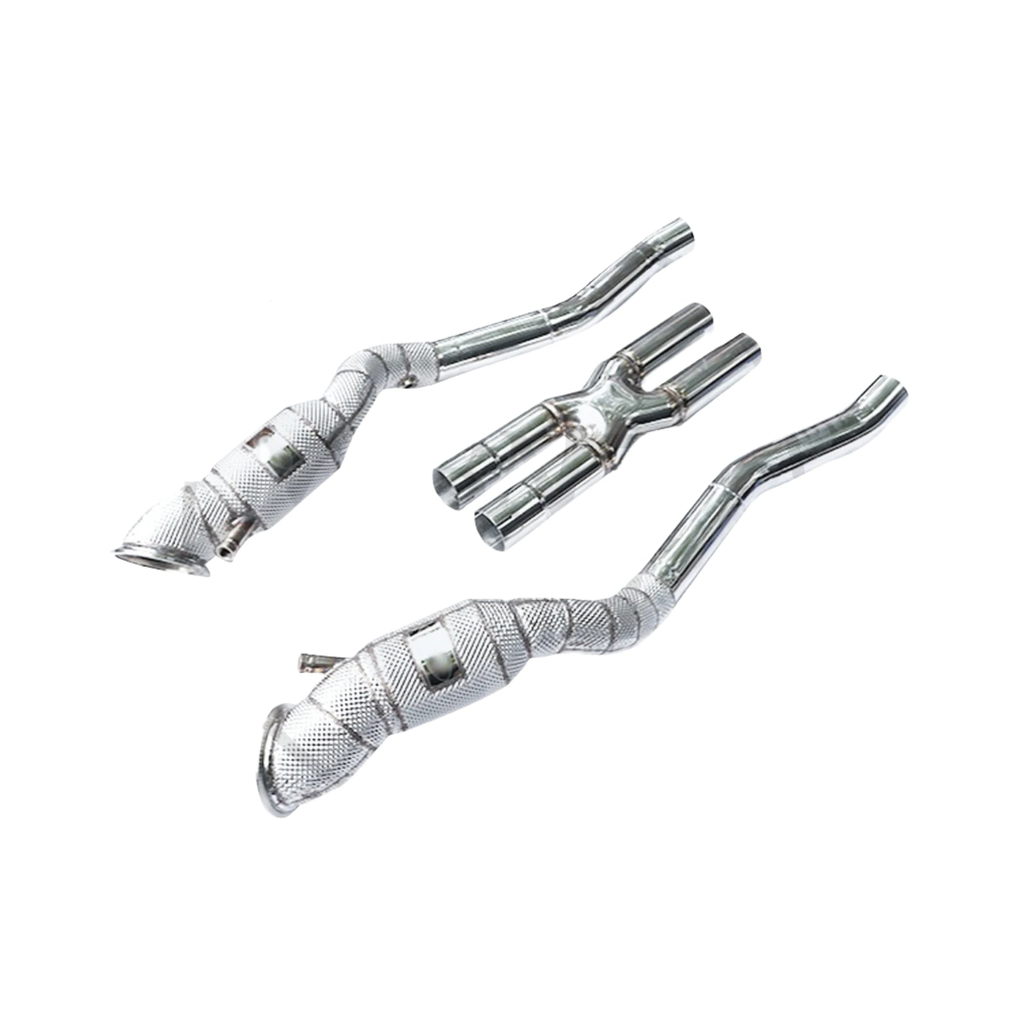 High Flow Catless Exhaust Downpipes w/ Heat Shield & X pipe - Ferrari